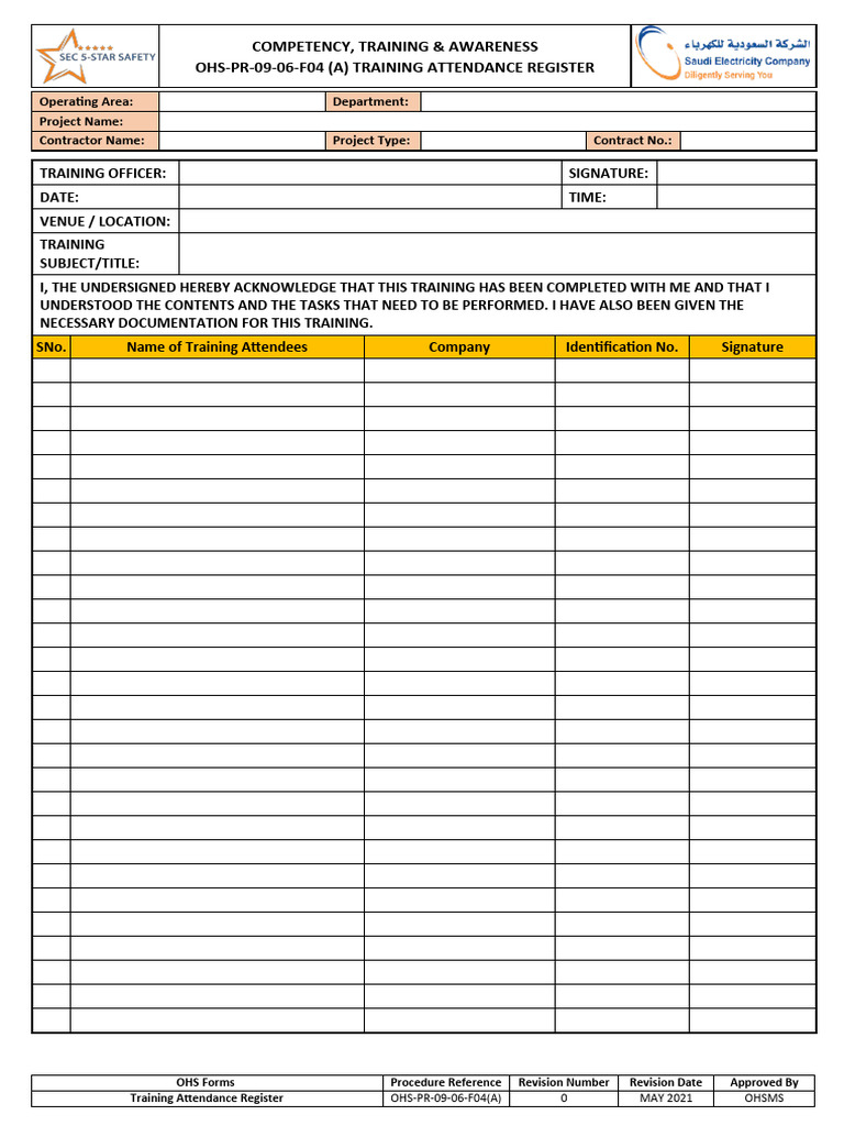 Ohs-Pr-09-06-F04 (A) Training Attendance Register | PDF