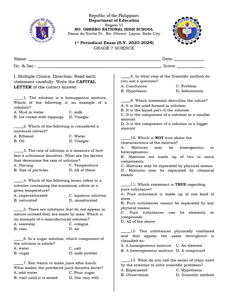 1st Quarter SCIENCE 7 SY 23-24 | PDF | Mixture | Chemical Substances