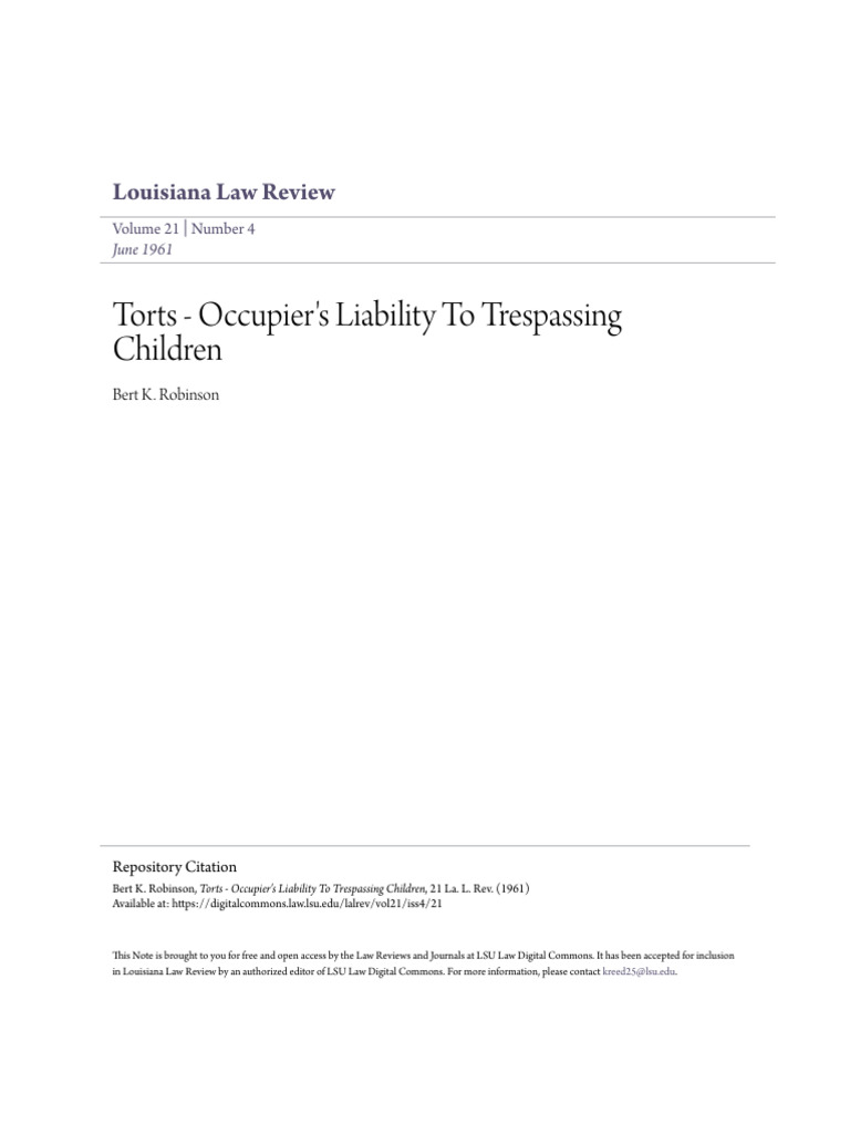 Torts - Occupiers Liability To Trespassing Children | PDF | Trespass | Tort