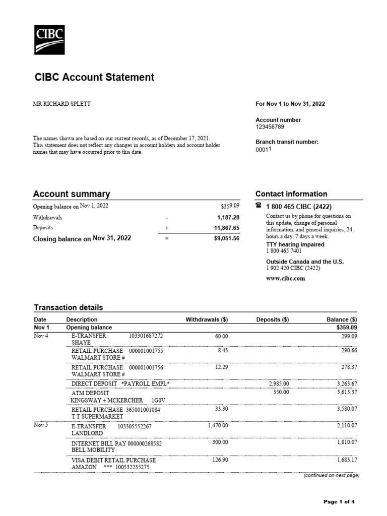 CIBC Bank Statement | PDF | Debit Card | Visa Inc.