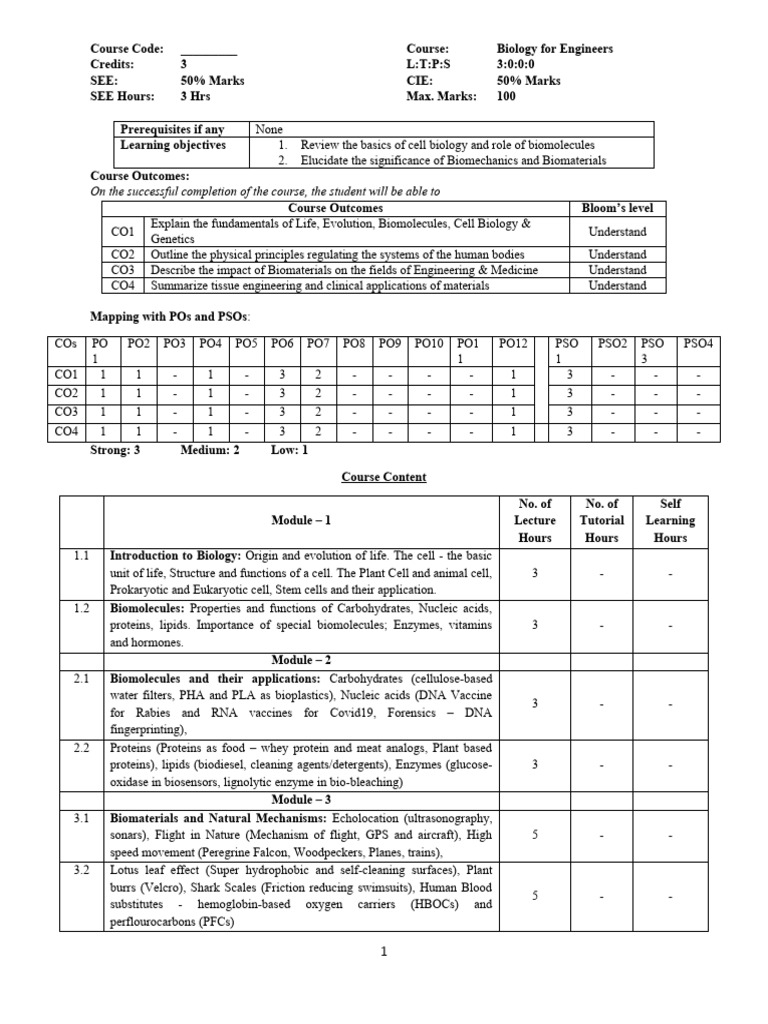 Biology for Engineers Course Overview | PDF | Cell (Biology) | Proteins