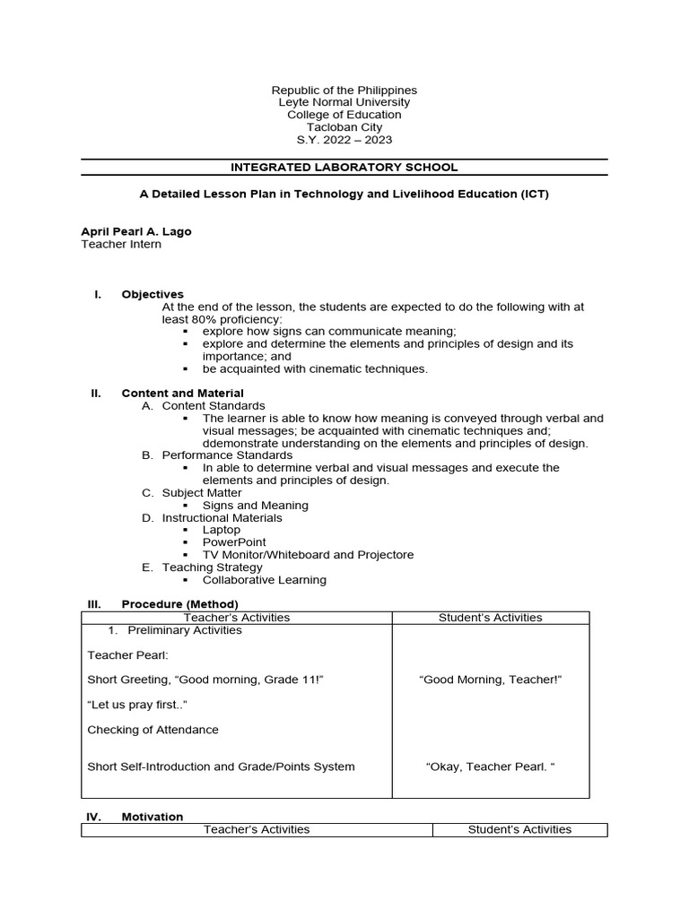 G11 - Detailed Lesson Plan - Signs and Meaning - Tle - Ict - Ils | PDF
