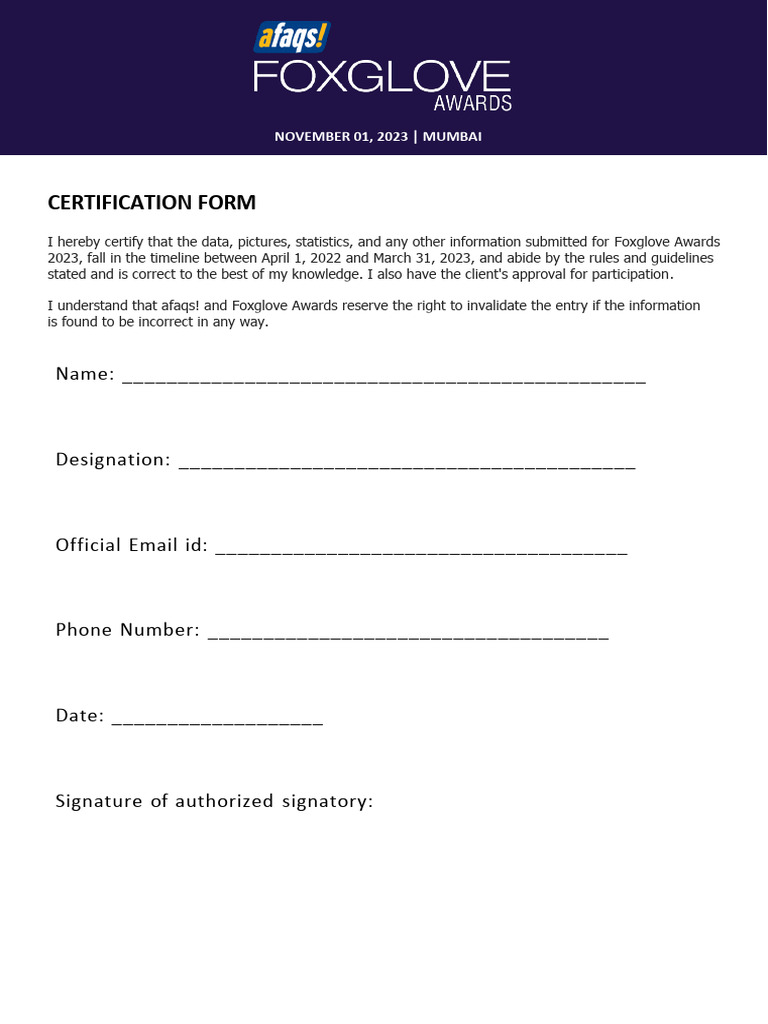 Certification Form Foxglove | PDF