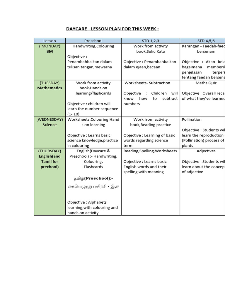 Weekly Daycare Lesson Plan Overview | PDF