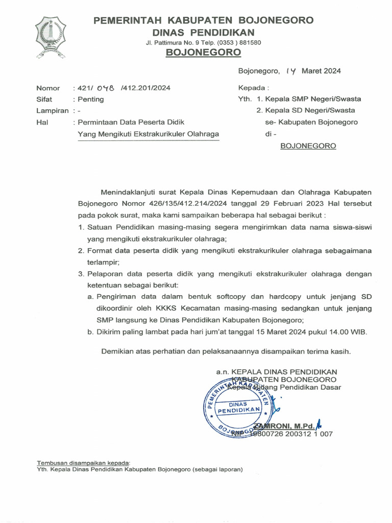 Surat Permintaan Data PD Ekstrakurikuler | PDF