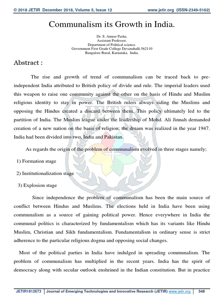 Communalism Its Growth in India. | PDF | Partition Of India | All India ...