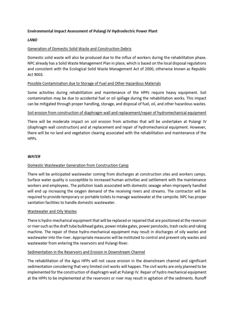EIA of Pulangi IV Hydroelectric Power Plant | PDF | Waste ...