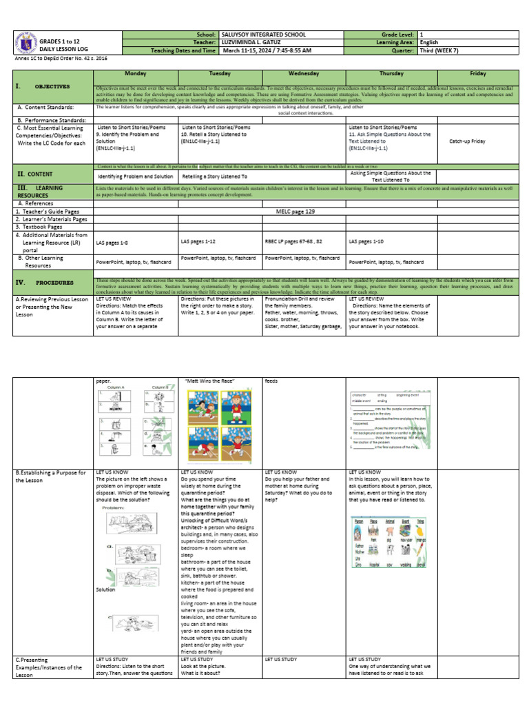 DLL Grade 1 Week 7 Overview | PDF | Learning | Reading Comprehension