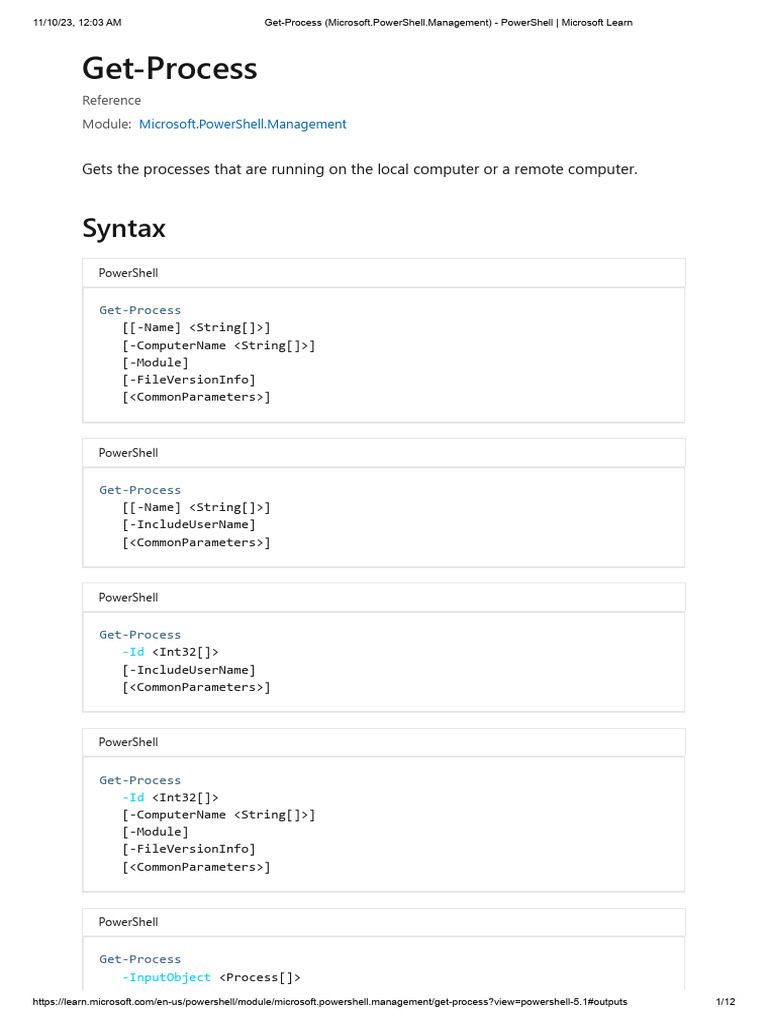 Get-Process (Microsoft - PowerShell.Management) - PowerShell - Microsoft Learn | PDF | Parameter ...