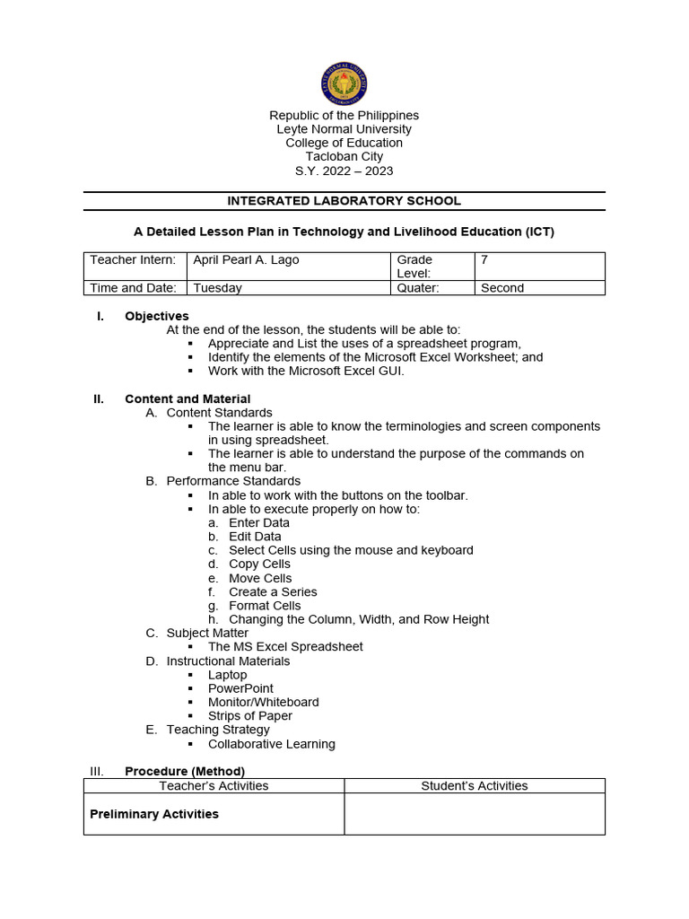 Lago - Final - G7 - Detailed Lesson Plan - The MS Excel Spreadsheet ...
