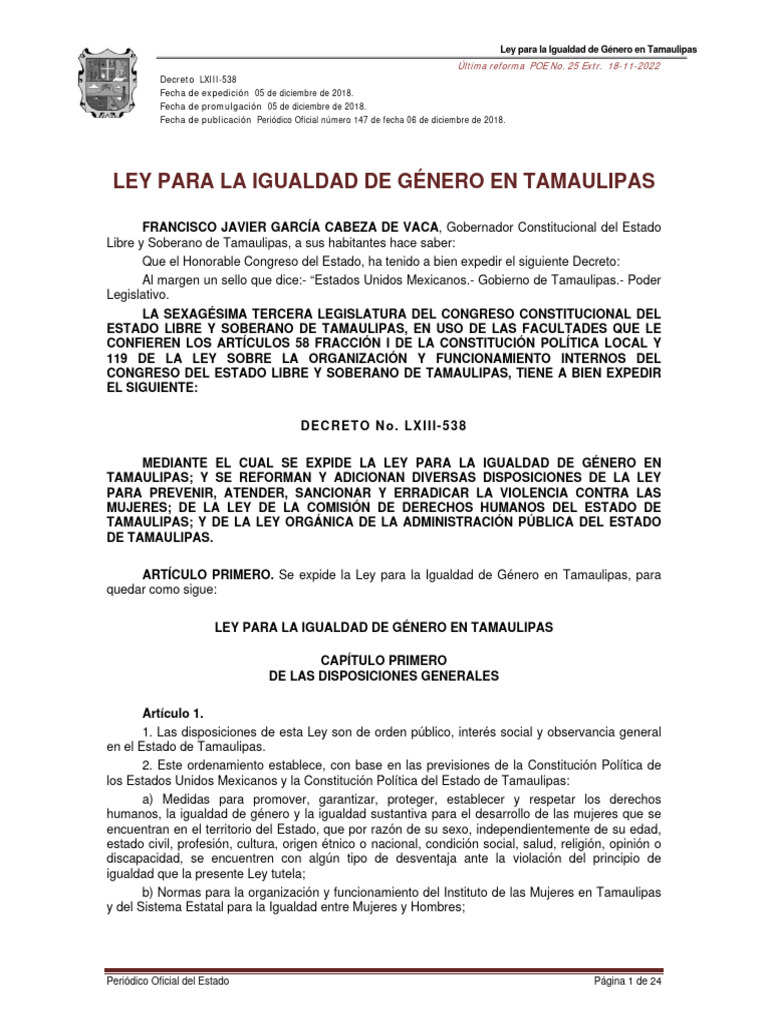 59 Ley para La Igualdad de Genero 18-11-2022 | PDF | Estudios de género ...