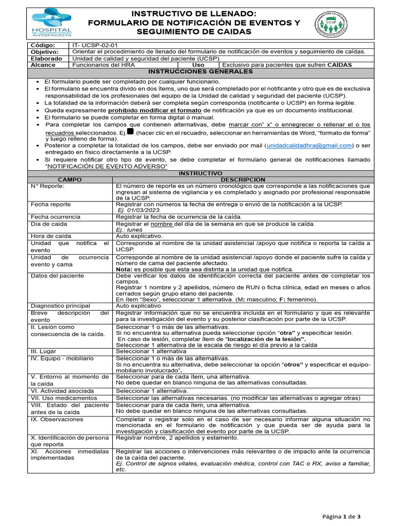 Instructivo Uso formulario notificación de caídas 2023 V 01 | PDF | Seguridad del paciente ...
