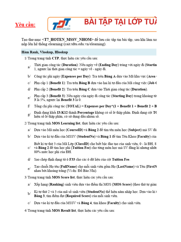 CLC BTTL Excel Tuan7 | PDF