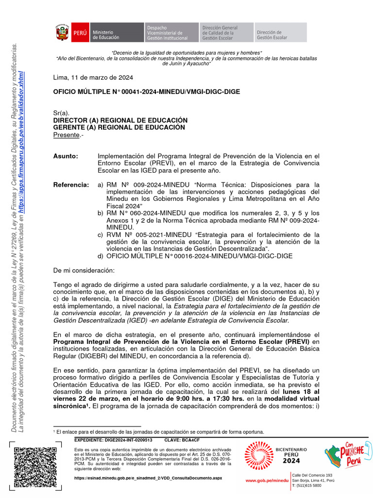 OFICIO - MULTIPLE-00041-2024-MINEDU-VMGI-DIGC-DIGE Con Anexos | PDF