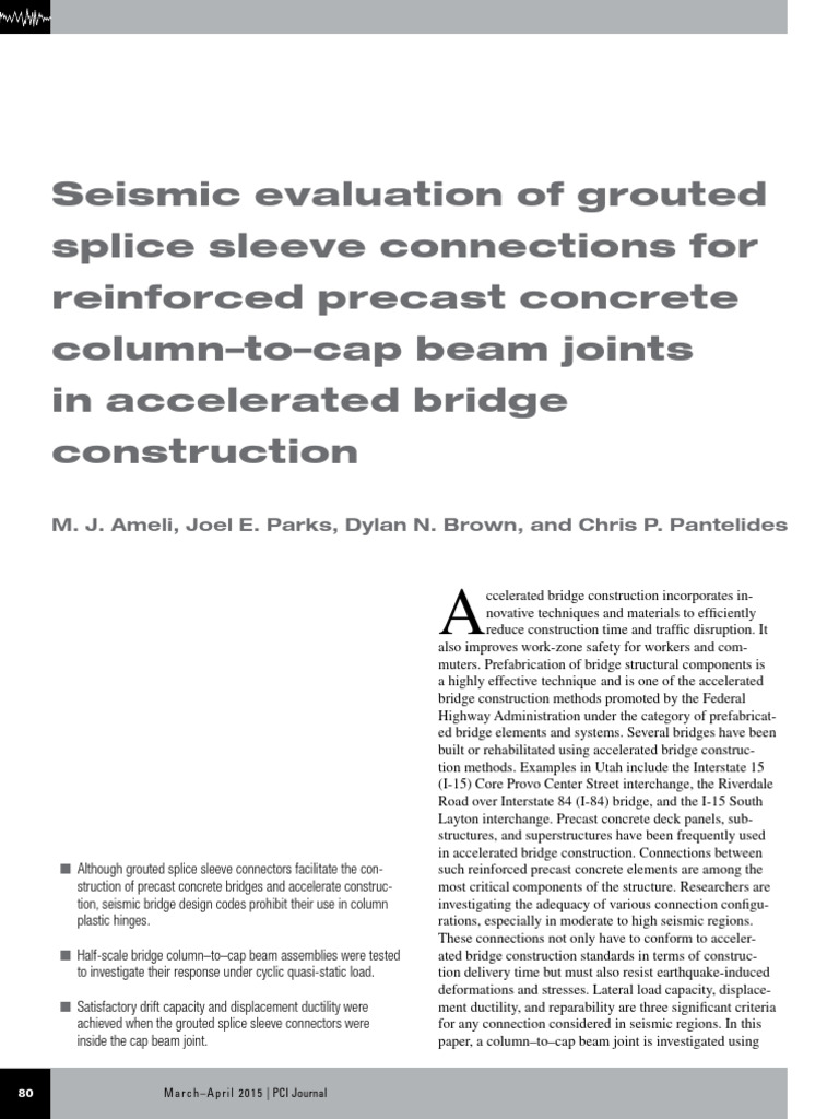 Seismic Evaluation Grouted Splice Sleeve Connections Reinforced Precast ...