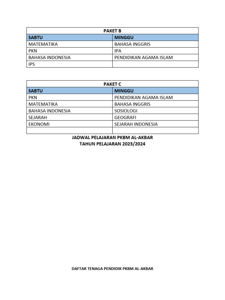 Jadwal Pelajaran PKBM 2023 | PDF