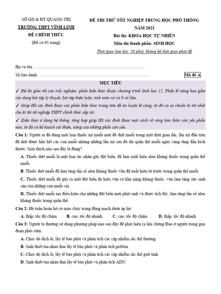 60. (Sau MH) ĐỀ THI THỬ TN THPT 2023 - MÔN SINH HỌC - LẦN 1- TRƯỜNG THPT VĨNH LINH - QUẢNG TRỊ ...