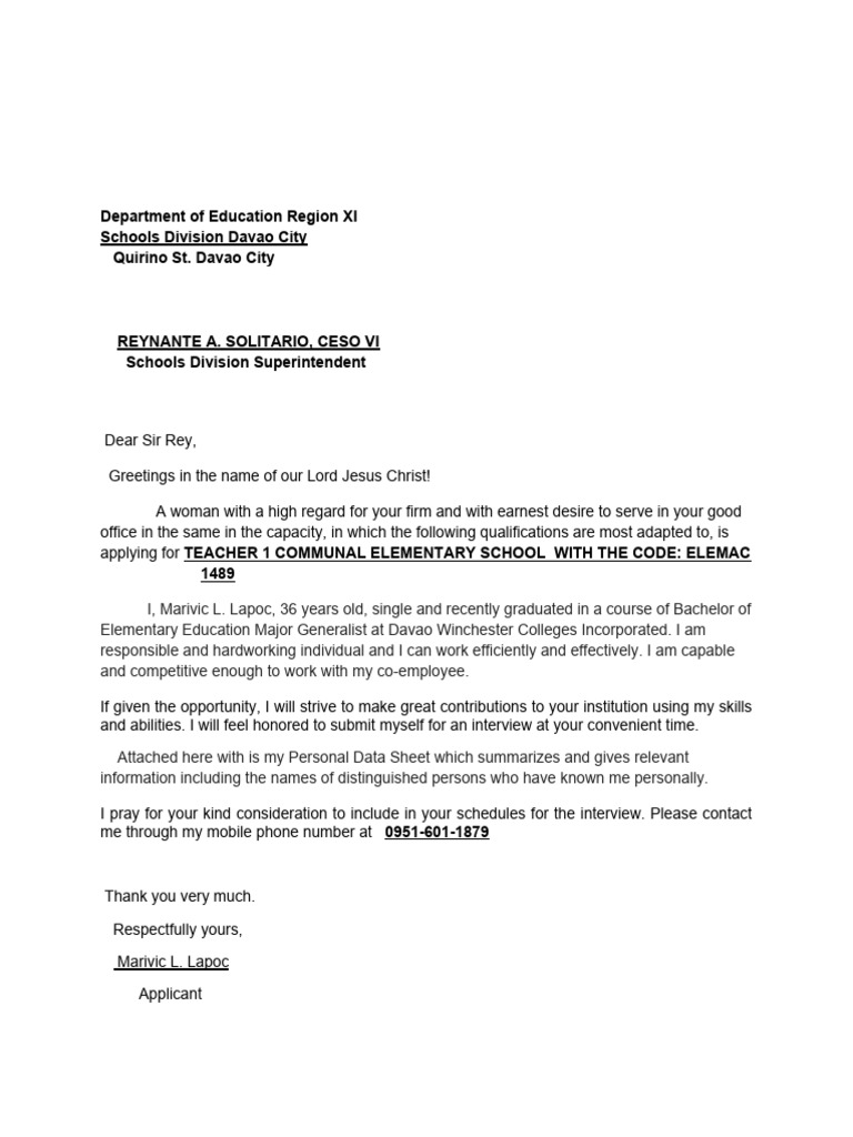 Dep Ed Application Letter M. Lapoc Elem. | PDF