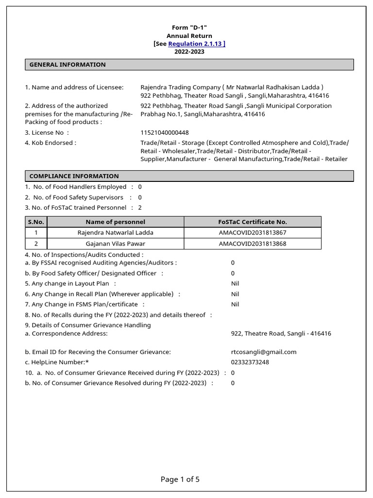 Rajendra Trading Company FSSAI Annual Return 2022-2023 | PDF | Food ... Rajendra Trading Company FSSAI Annual Return 2022-2023 | PDF | Food ...