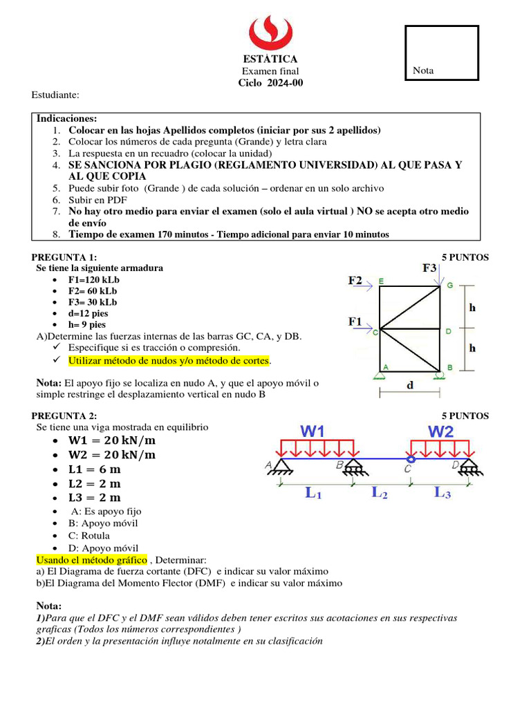 Examen Final - Estatica - 2024 - 0 | PDF | Viga (Estructura) | Mecánica