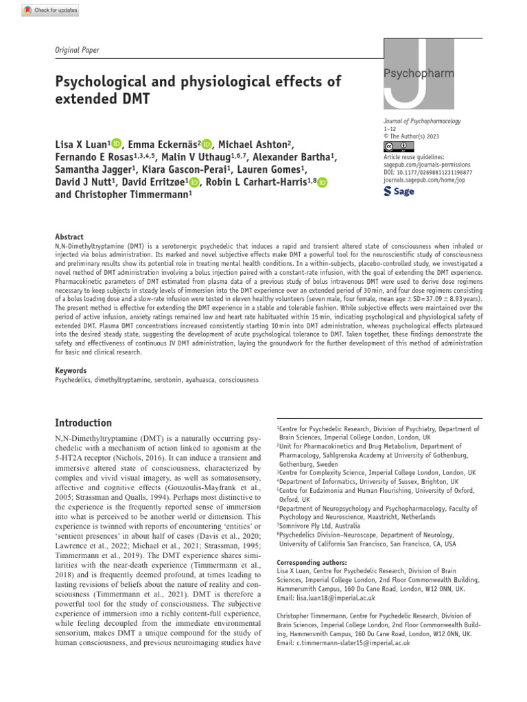 Luan Et Al 2023 Psychological and Physiological Effects of Extended DMT ... Luan Et Al 2023 Psychological and Physiological Effects of Extended DMT ...