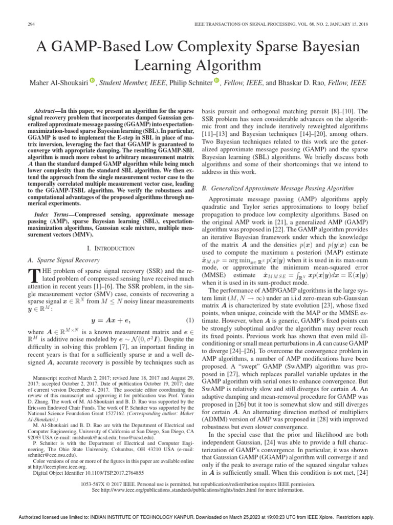 A GAMP Based Low Complexity Sparse Bayesian Learning Algorithm | PDF | Normal Distribution ...