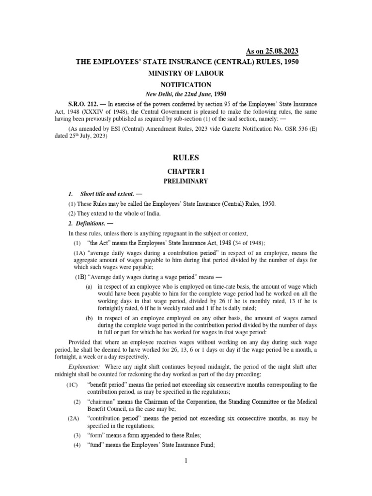 As On 25.08.2023 The Employees' State Insurance (Central) Rules, 1950 ...