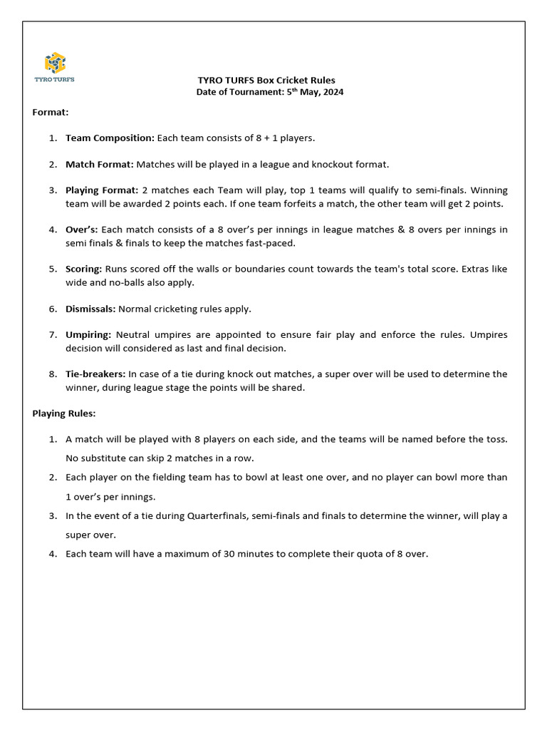 Tyro Turfs Box Cricket Tournament Rules | PDF | Bowling (Cricket) | Summer Sports