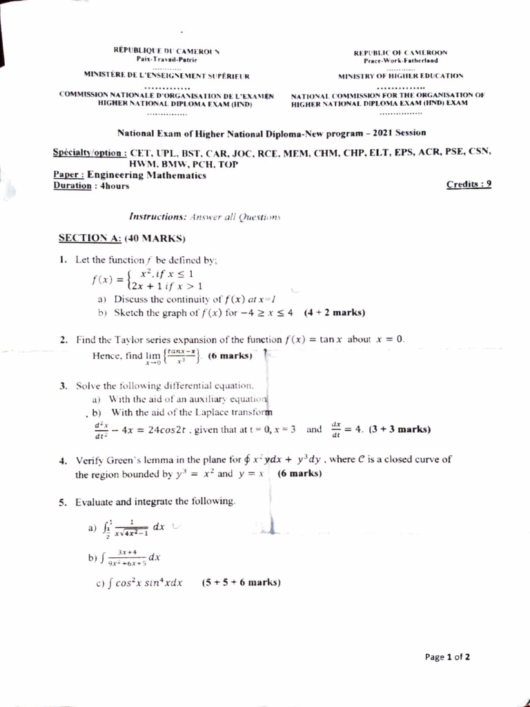 Cameroon HND Exam: Engineering Math | PDF | Eigenvalues And ...