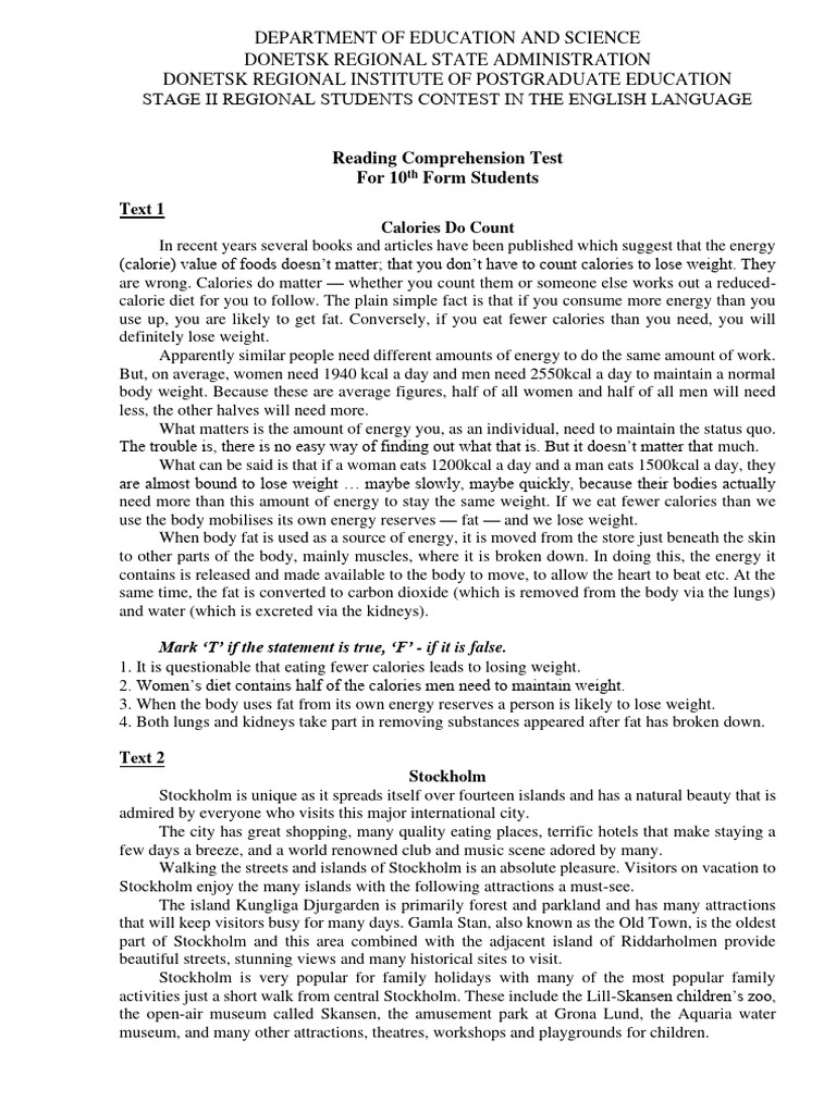 +reading 10th Grade | PDF | Calorie | Dieting