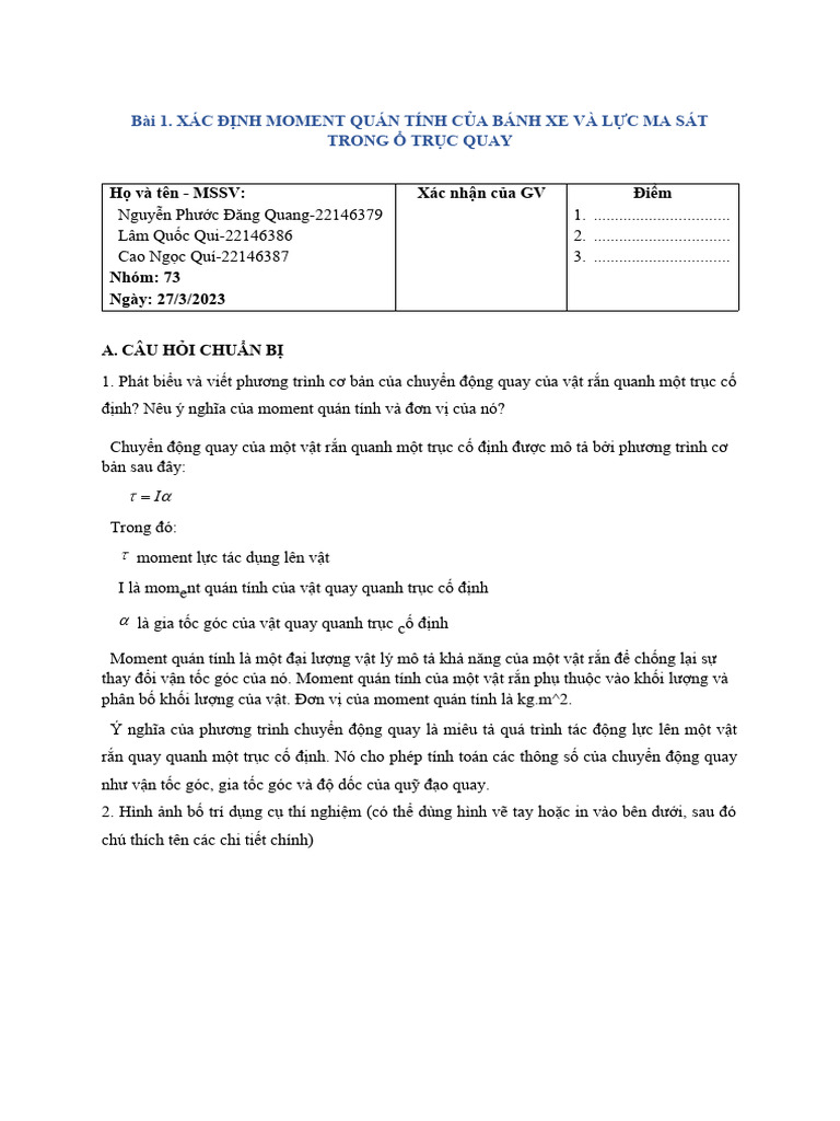 Bài 1 - Moment Quán Tính Bánh Xe | PDF