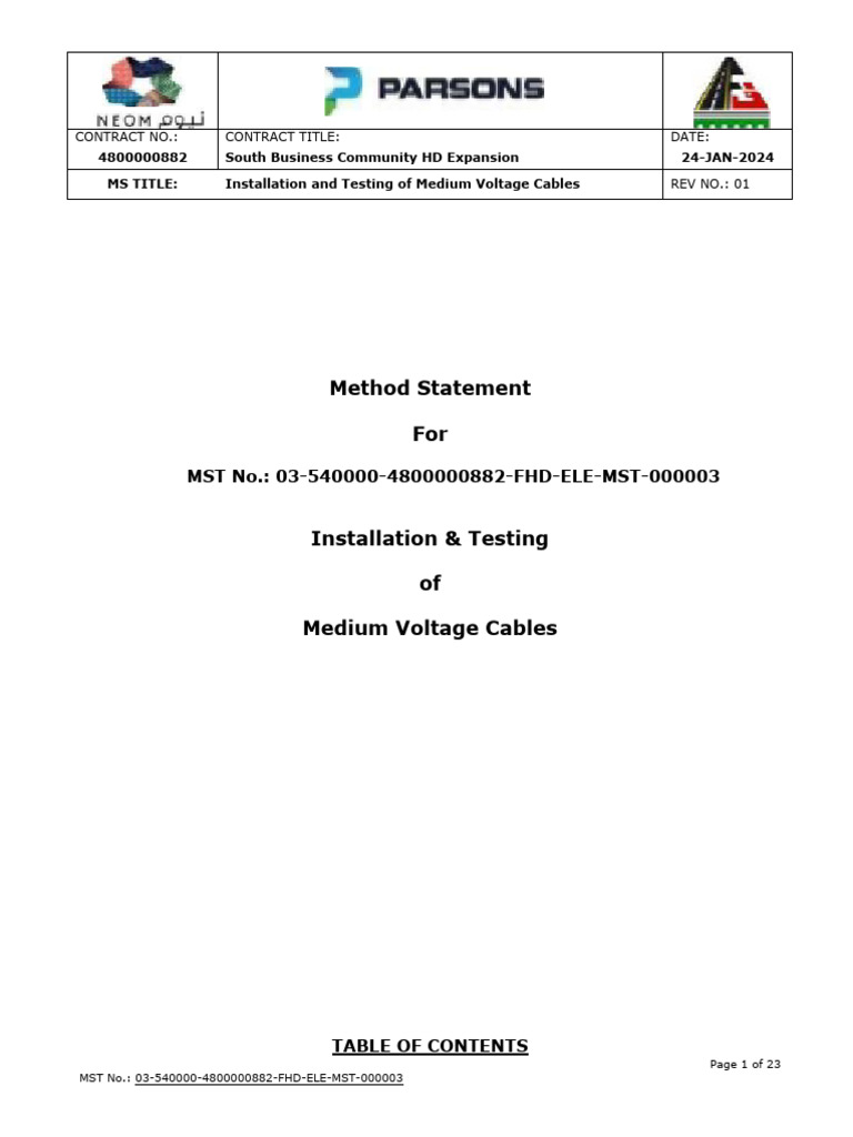 Method Statement For Installation And Testing Of Mv Cables Jointing Pdf