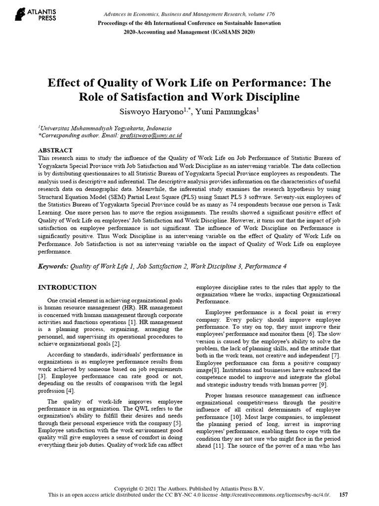 Effect of Quality of Work Life On Performance: The Role of Satisfaction and Work Discipline ...
