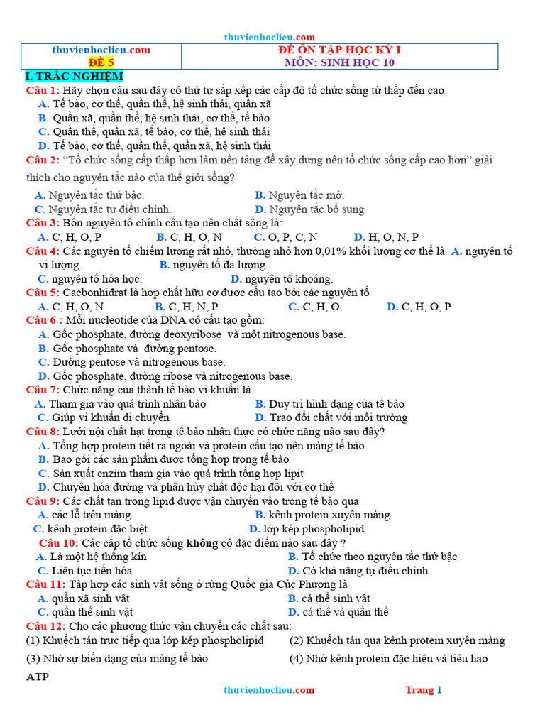 De On Tap HK1 SINH 10 KNTT de 5 | PDF