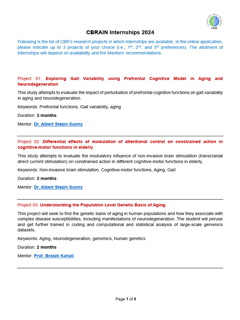 CBRAIN Internships 2024 - Available Projects | PDF | Dementia | Mitochondrion