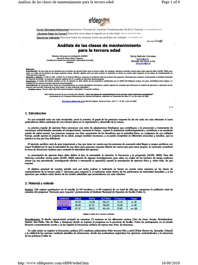 EF Deportes. (Análisis de Las Clases de Mantenimiento 3a Edad) | PDF ...
