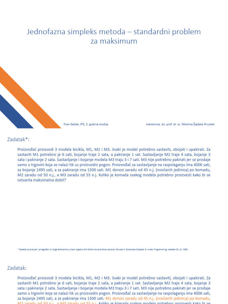 Jednofazna Simpleks Metoda - Standardni Problem Za Maksimum | PDF