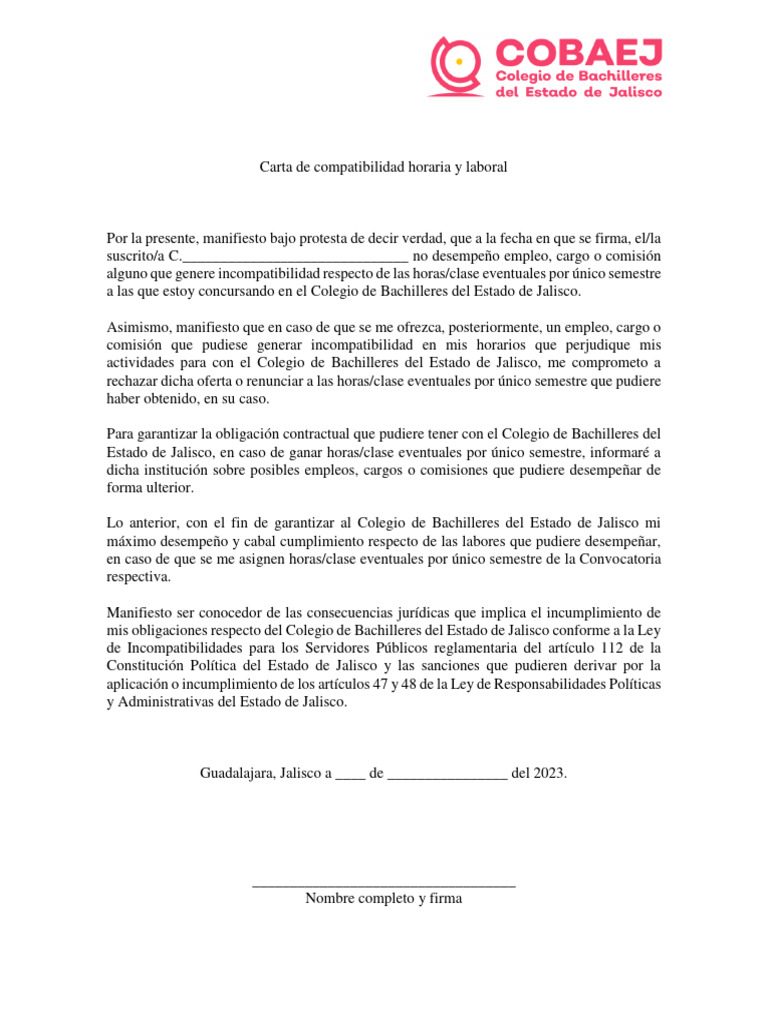 Documento 3. Carta de Compatibilidad Horaria y Laboral PDF 1701270983 | PDF