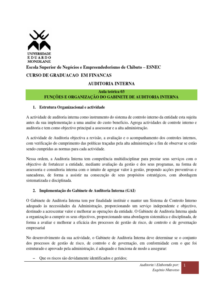 Aula 03 Funcoes e Organizacao Do Gabinete de Auditoria Interna | PDF | Auditoria interna | Business