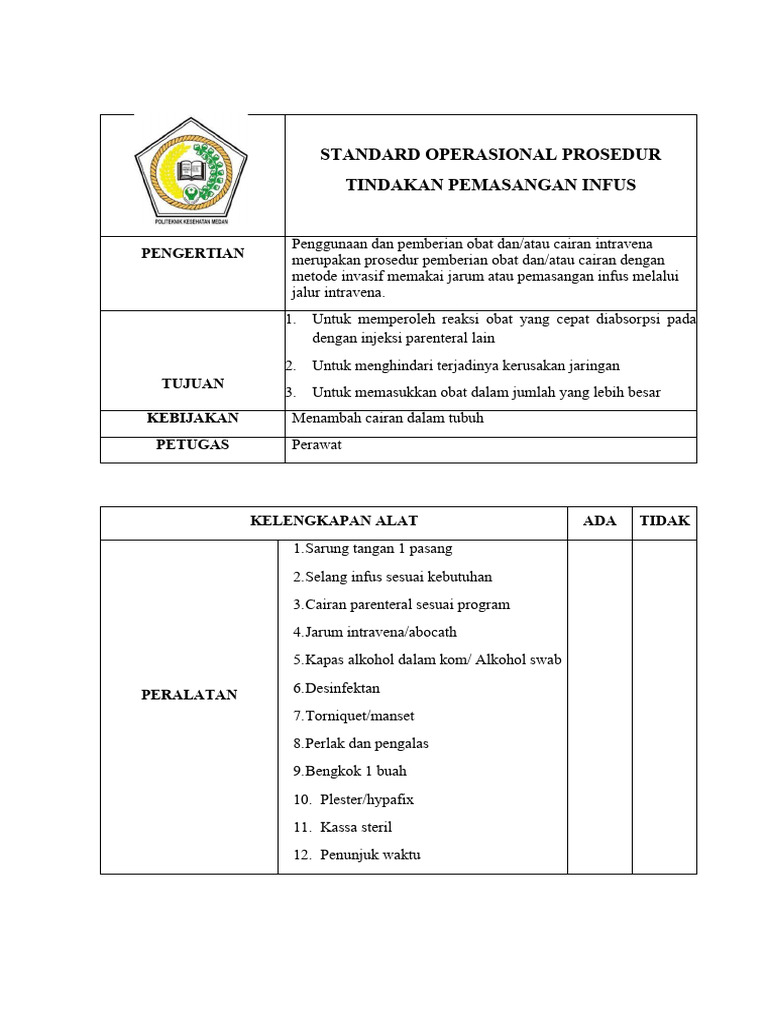 Standard Operasional Prosedur Infus | PDF