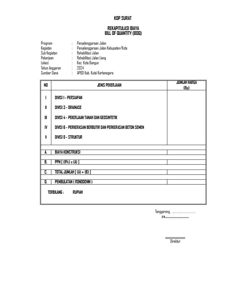BOQ Alan Liang Kota Bangun Sipetir | PDF