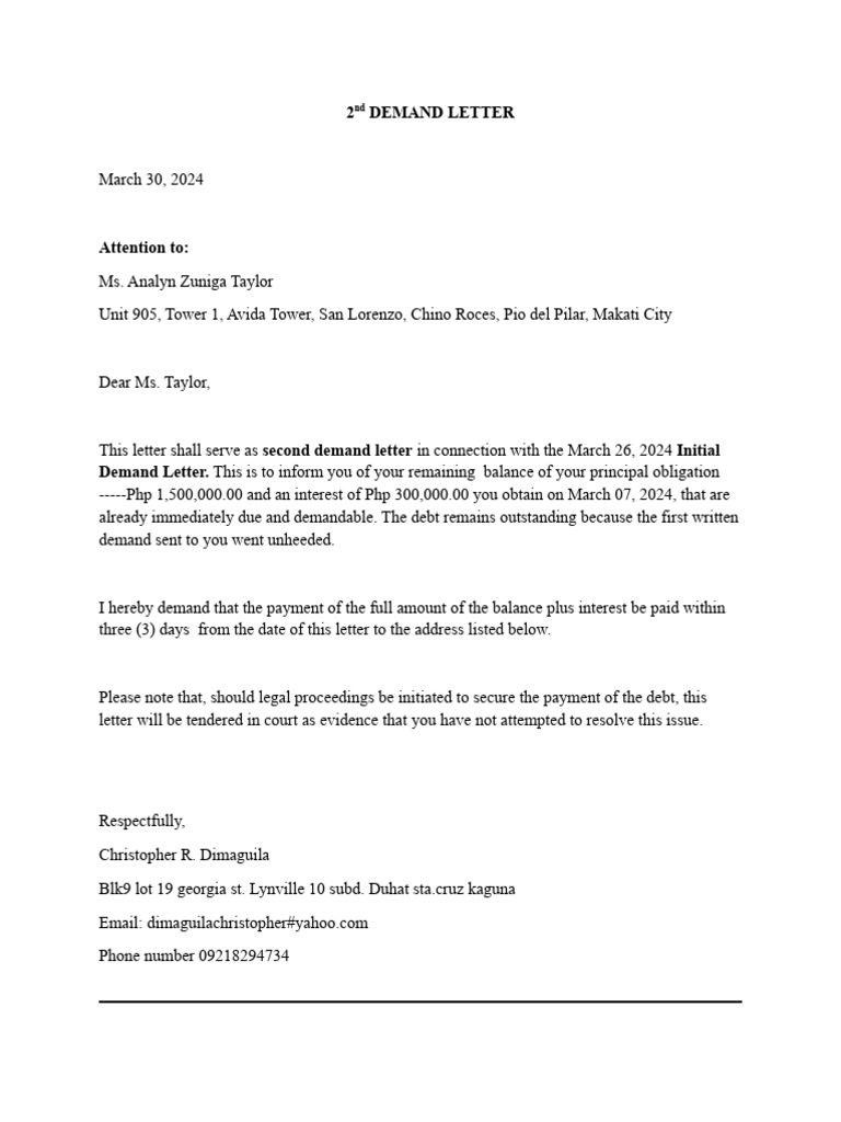 Demand Letter 2nd Notice | PDF
