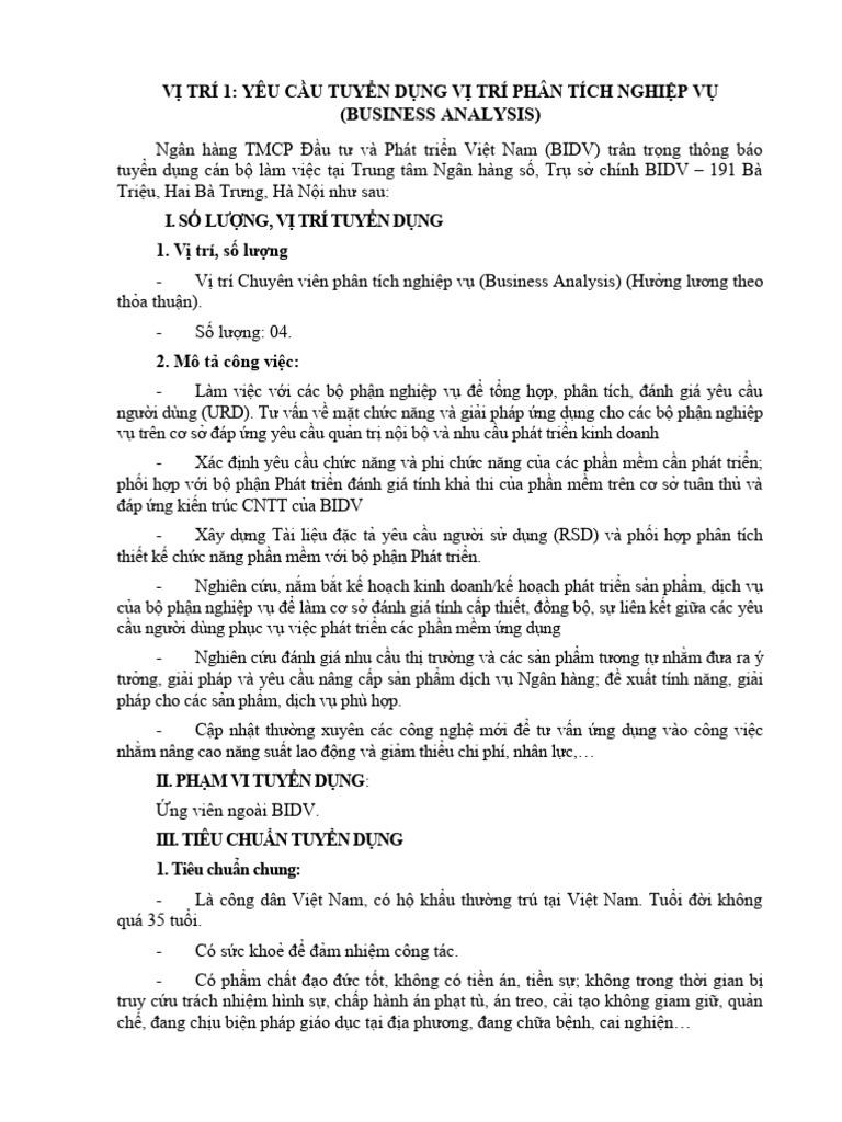 VỊ TRÍ 1 - YCTD CV Phan Tich Nghiep Vu BA | PDF