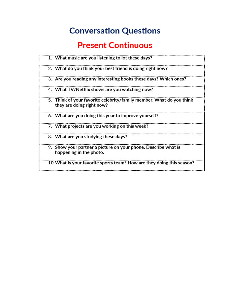 Present Continuous Conversation Questions | PDF