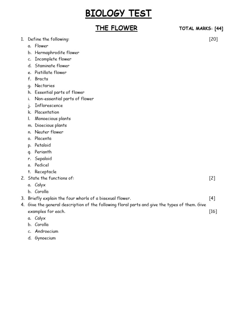 Biology Test: Flower Structure & Function | PDF