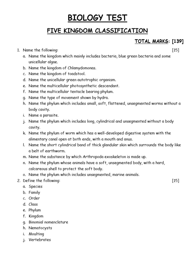 Five Kingdom Classification Test | PDF | Invertebrate | Organisms