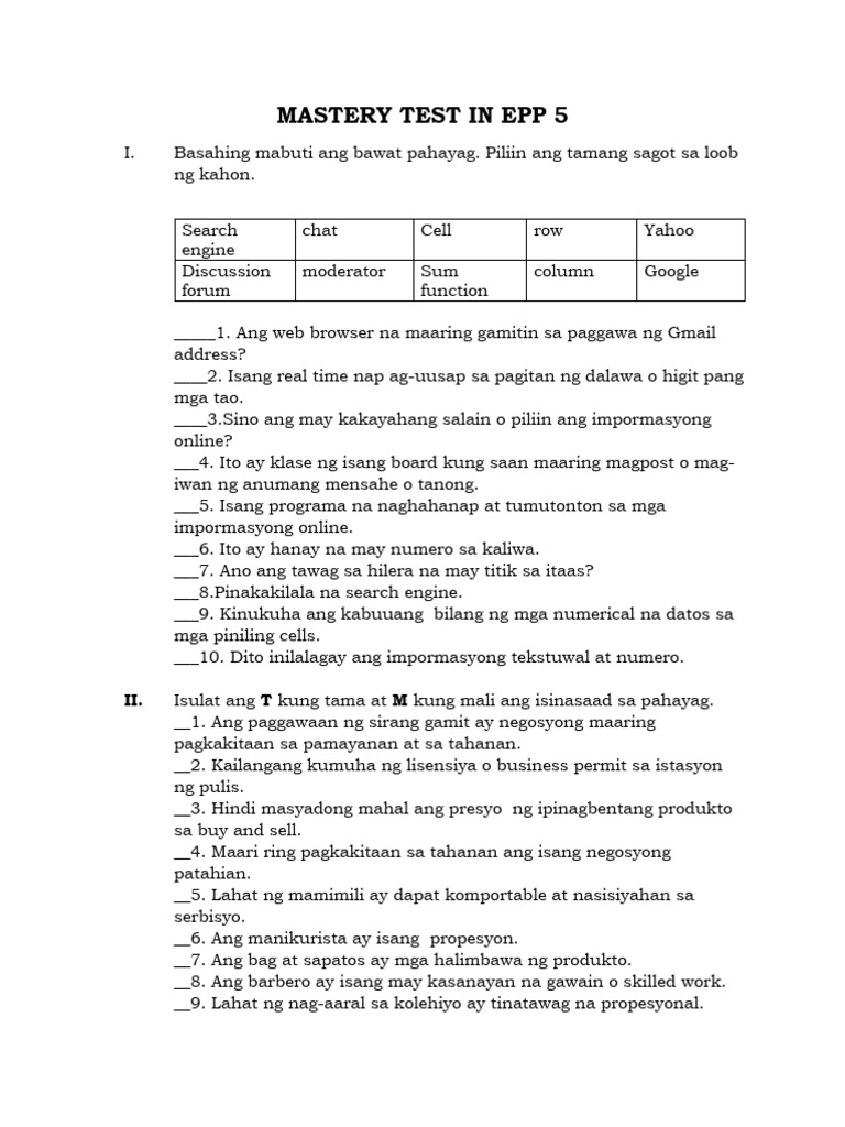 Mastery Test In Epp 5 Pdf