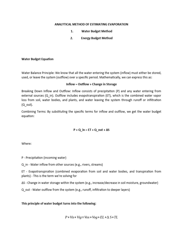Water Budget Equation | PDF | Discharge (Hydrology) | Drainage Basin Water Budget Equation | PDF | Discharge (Hydrology) | Drainage Basin