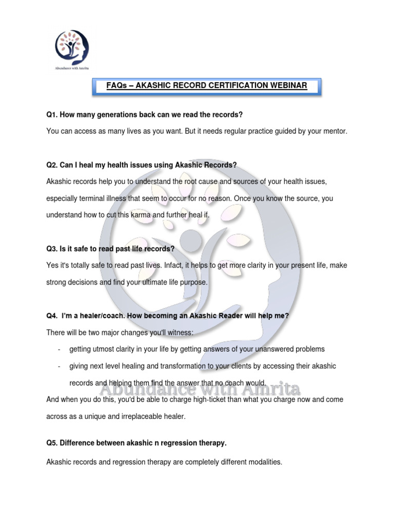 FAQs - Akashic Record Certification | PDF
