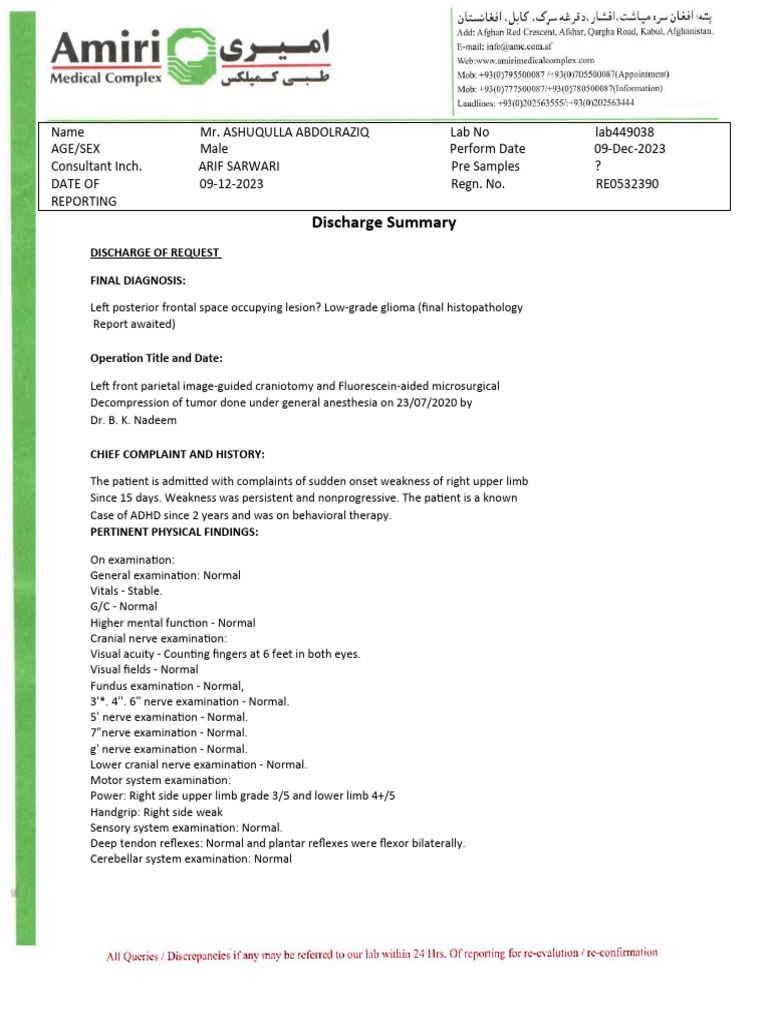 Brain Tumor Report for Mr. Ashuqulla | PDF | Magnetic Resonance Imaging ...